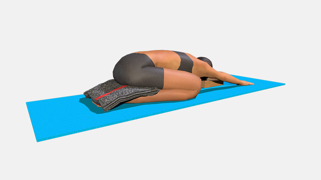 Adho Mukha Virasana variation 2 Blanket On Heels And Brick Under Forehead Lily Yoga